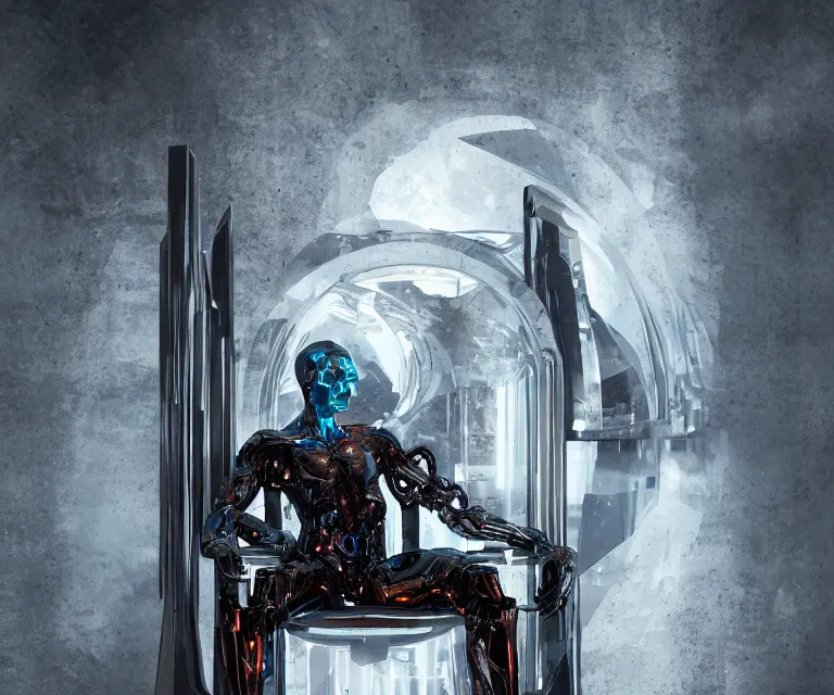translucent cyborg sitting on a metal throne in a | Stable Diffusion ...