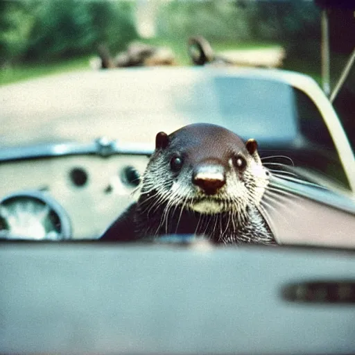 vintage photo 1920 of otter driving a car, cinestill, | Stable Diffusion