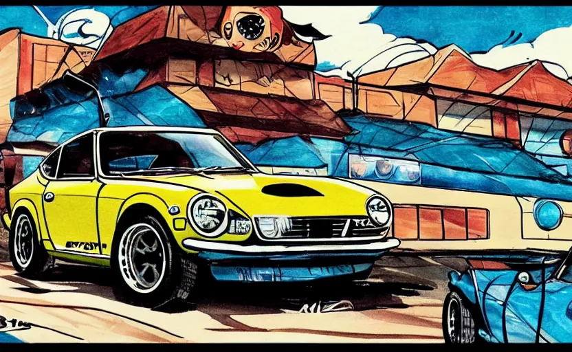 1970 Datsun 240Z in the style of Ken Sugimori, anime | Stable Diffusion