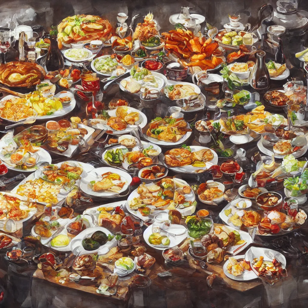 a painting of a table full of english foods, concept | Stable Diffusion ...