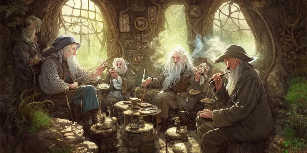 portrait of jrr tolkien smoking a pipe with gandalf | Stable Diffusion ...