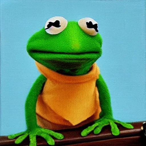 “Bob Ross painting of Kermit the Frog jumping off of a | Stable ...