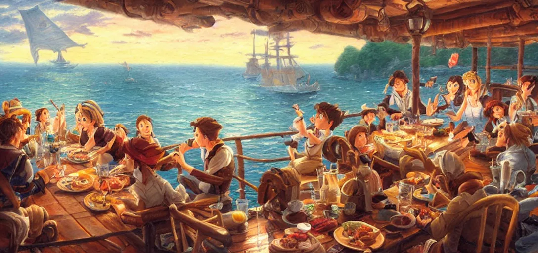 a painting of pirates eating dinner on the deck of | Stable Diffusion ...