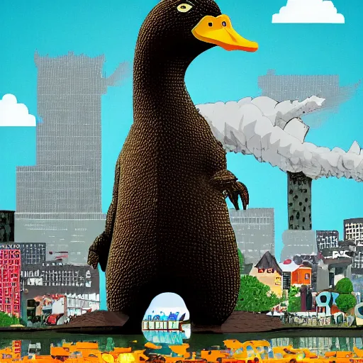 a giant duck destroying a city in the style of godzilla | Stable Diffusion