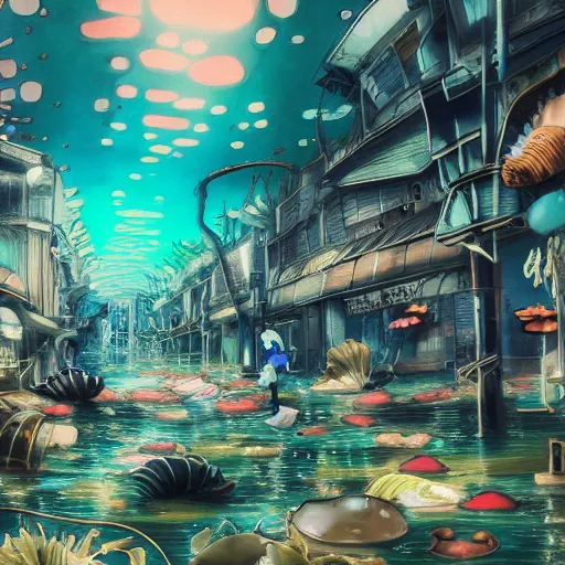 painted anime background of a flooded underwater slums | Stable Diffusion