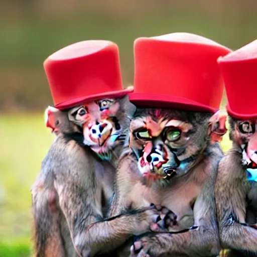 3 monkeys wearing red top hats, pointing their fingers | Stable Diffusion | OpenArt