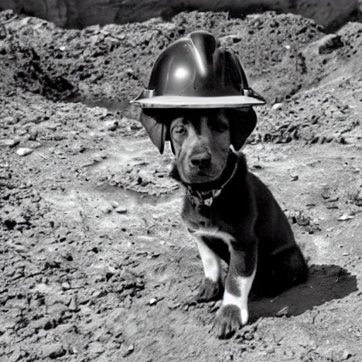 puppy working in a dusty coal mine, wearing hard hat, | Stable ...