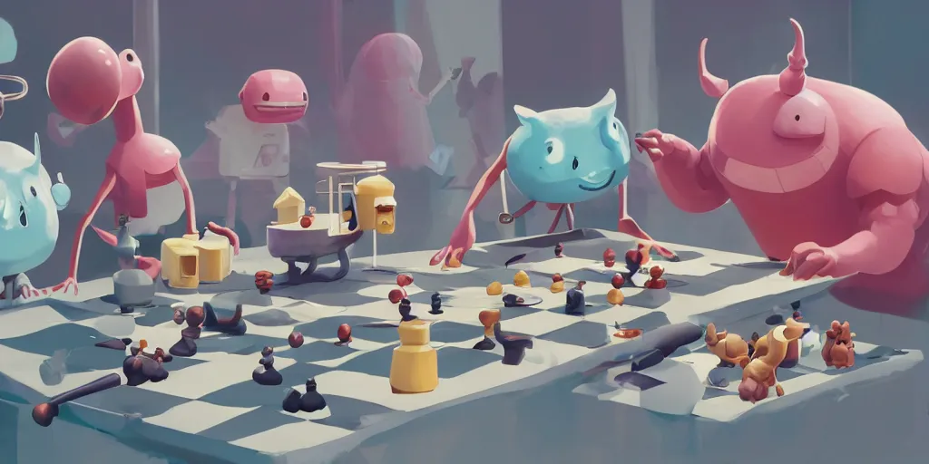 kawaii cartoon monsters playing chess in a laboratory | Stable ...