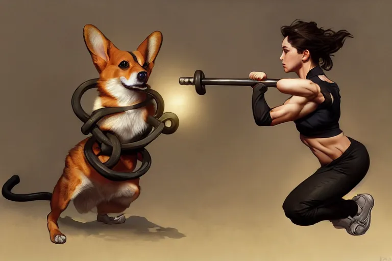anthro corgi lifting weights, dim dingy gym, powerful | Stable ...