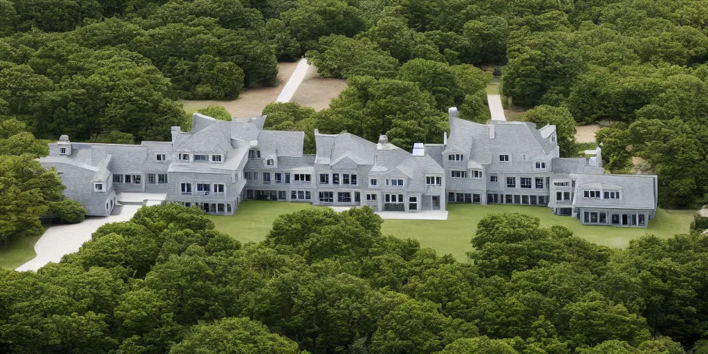 grey wooden cape cod hamptons mansion next to body of | Stable Diffusion