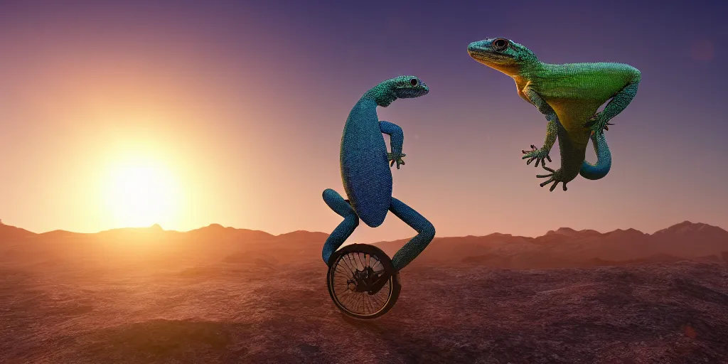 gecko riding a unicycle at sunrise, photo real, ultra | Stable ...