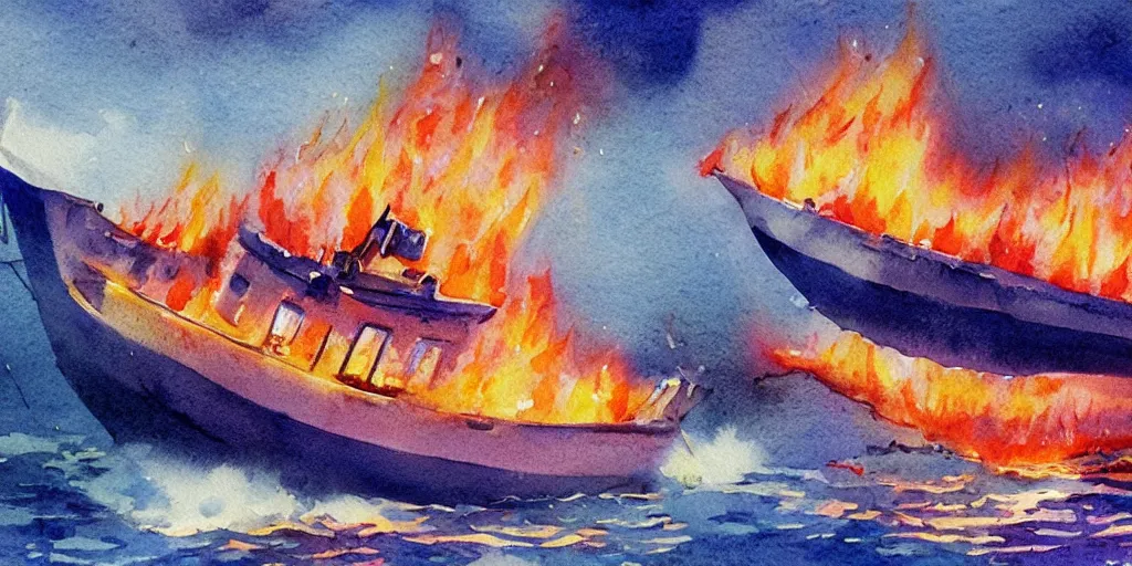 A watercolor painting of a boat burning in the ocean, | Stable ...