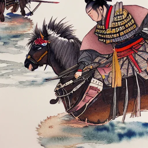 detailed watercolor painting of samurai marching down | Stable ...
