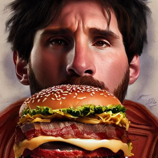 Lionel Messi eating a mammoth Wendy's baconator, | Stable Diffusion