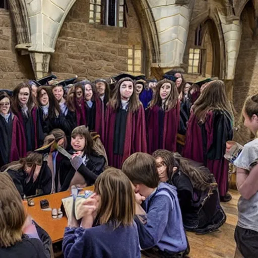 Photo of Hogwarts students looking at their smartphones | Stable Diffusion