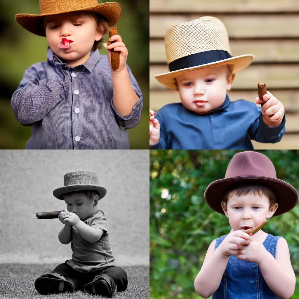 toddler wearing a fedora and smoking a cigar | Stable Diffusion