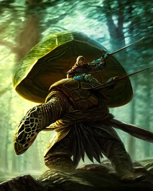 Turtle Warrior holding huge shield, forest background, | Stable Diffusion