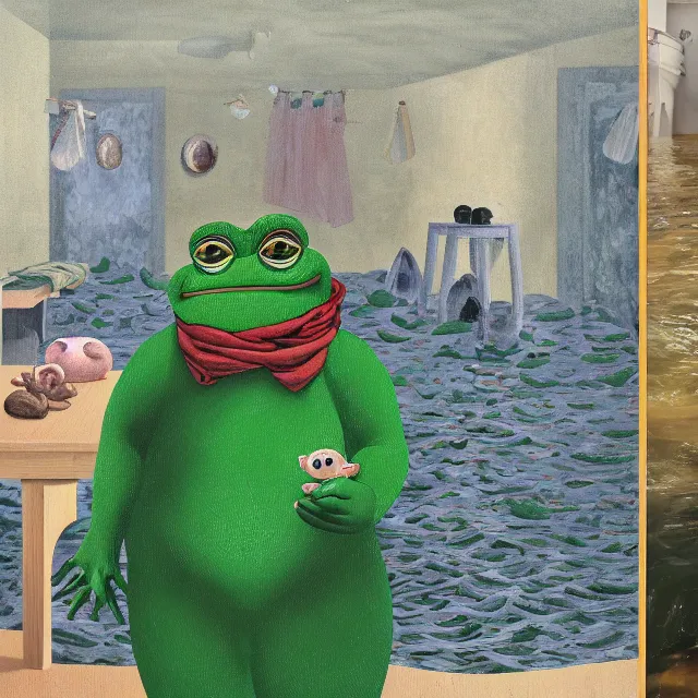pepe the frog holding a pig in flooded bathroom, | Stable Diffusion ...