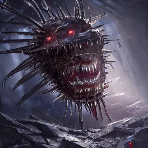 a spiky eldritch evil mechanical mouth in a dark | Stable Diffusion