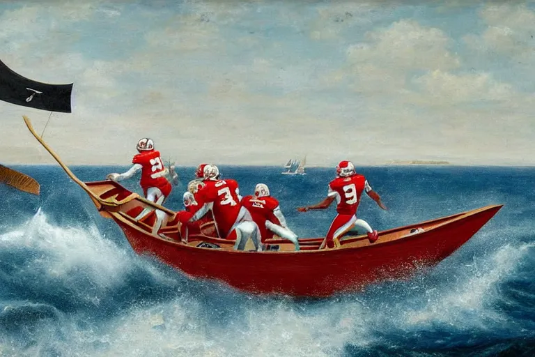 a rowboat filled with nfl players in football helmets | Stable ...