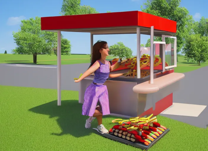 3D render from 1992 of a girl running a hot-dog stand | Stable ...