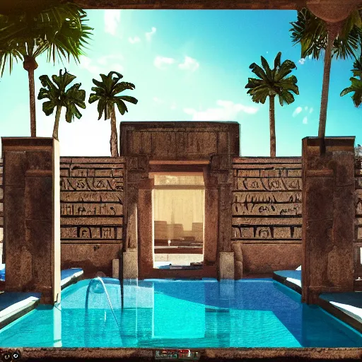 a pool and palms into the interior of a egyptian | Stable Diffusion ...