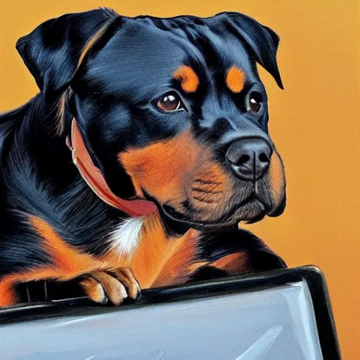 Rottweiler using a computer in an office, oil painting | Stable Diffusion | OpenArt