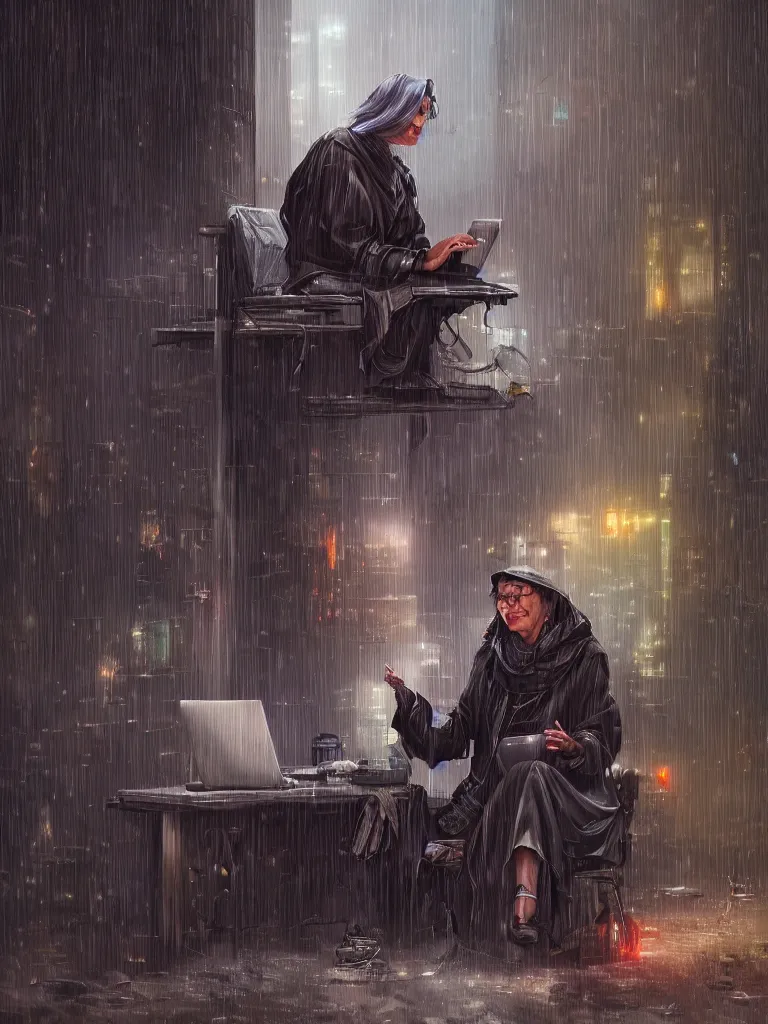 a three-quarters shot of a techno wizard grandma | Stable Diffusion