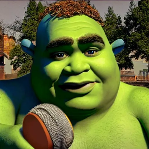 shrek shouting into a microphone | Stable Diffusion | OpenArt