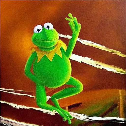 “Bob Ross painting of Kermit the Frog jumping off of a | Stable ...