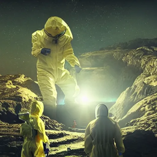 People in hazmat suits holding flashlights peering at | Stable ...