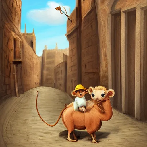 A cute mouse riding a camel through a narrow street | Stable Diffusion ...