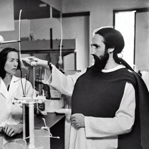 A female scientist and Jesus in a university lab, | Stable Diffusion