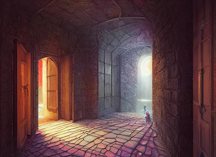 a hallway where the doors are gateways to dreams, | Stable Diffusion