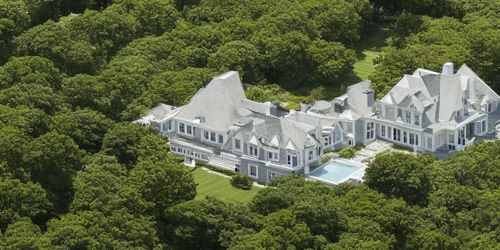 grey wooden cape cod hamptons mansion next to body of | Stable Diffusion