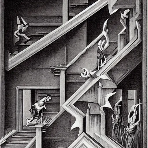 a fantasy painting of three demons walking up stairs | Stable Diffusion ...