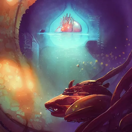 a hostile deep sea creature encountering a submarine, | Stable ...