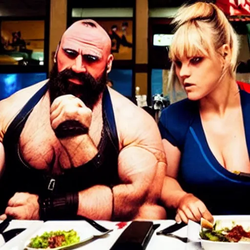 zangief and r mika eating at a tex mex restaurant | Stable Diffusion | OpenArt