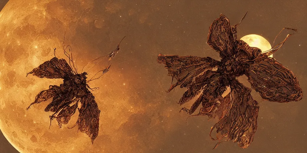 a giant golden moth twinkles with starlight as it | Stable Diffusion ...