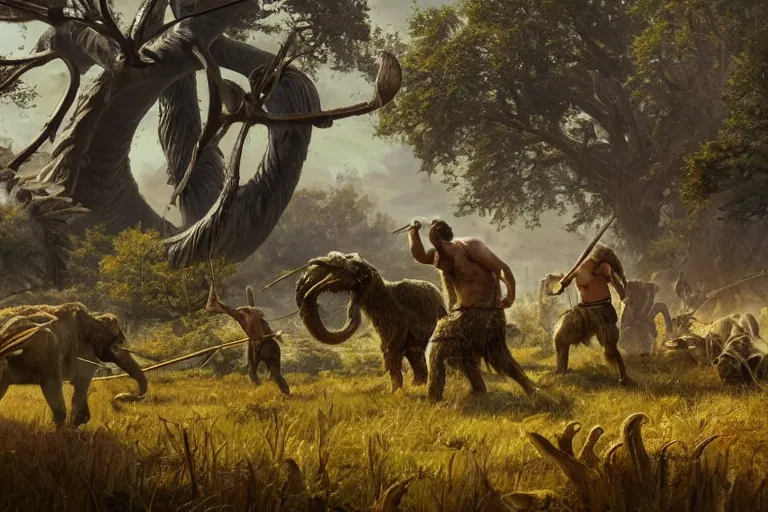 epic scene of prehistoric hunter gatherers hunting | Stable Diffusion ...