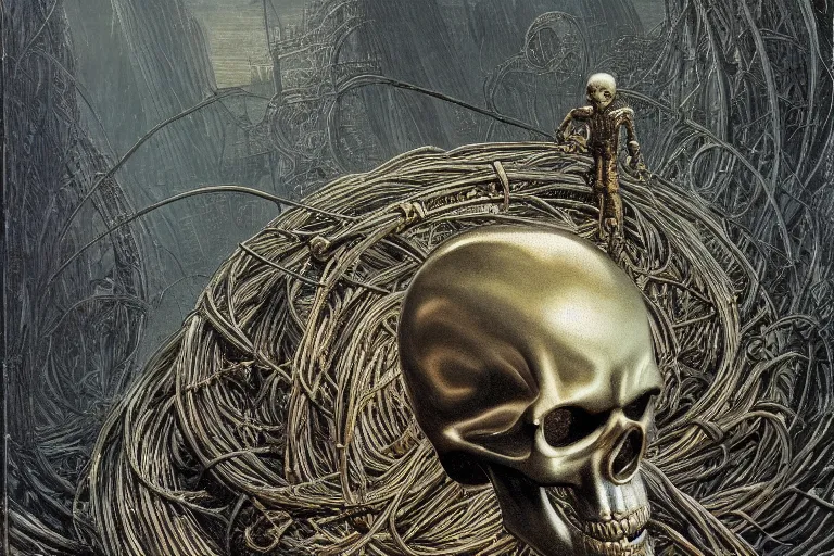 intricate, metallic skull atop huge coil of thick | Stable Diffusion ...