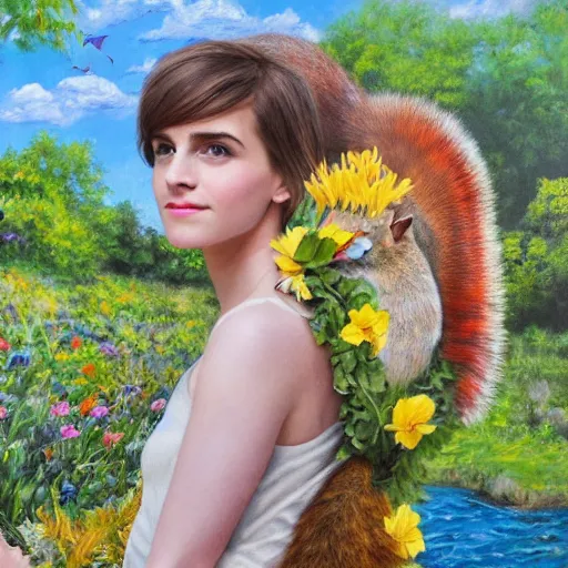a giant fluffy squirrel carrying emma watson on its | Stable Diffusion ...