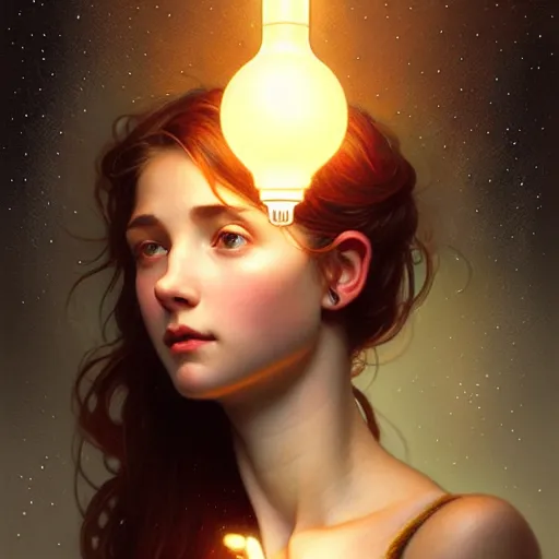 Portrait of a girl surrounded by a light bulb in front | Stable Diffusion