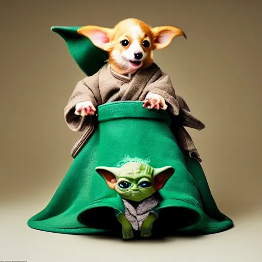 baby yoda riding one of the queen ’ s prized corgis, | Stable Diffusion ...