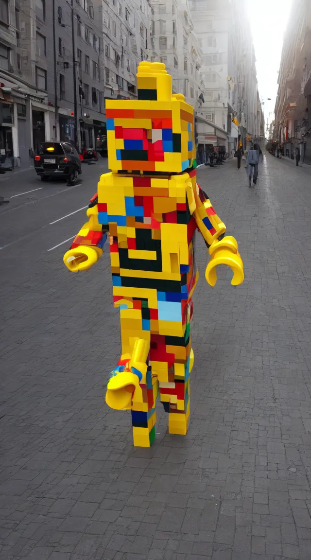 hyperrealistic giant lego man walking through street, | Stable Diffusion