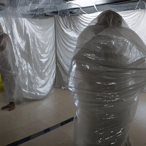a person who is completely wrapped in saran - wrap, | Stable Diffusion