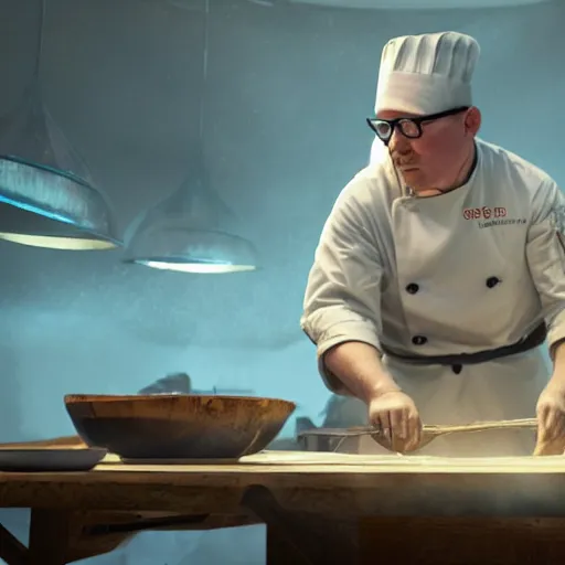 a chef cutting sad fat carp in the kitchen, cinematic | Stable Diffusion