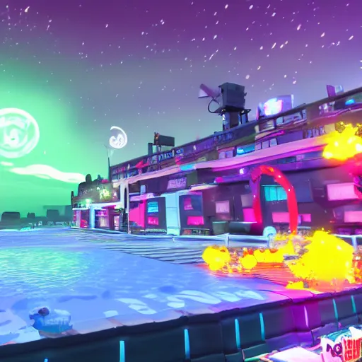 a landscape in the night of video game splatoon 3, | Stable Diffusion