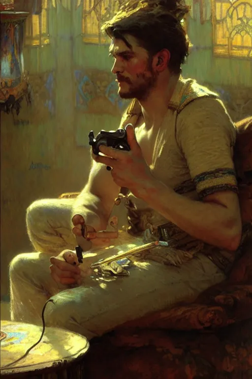 attractive man playing video games, painting by gaston | Stable ...