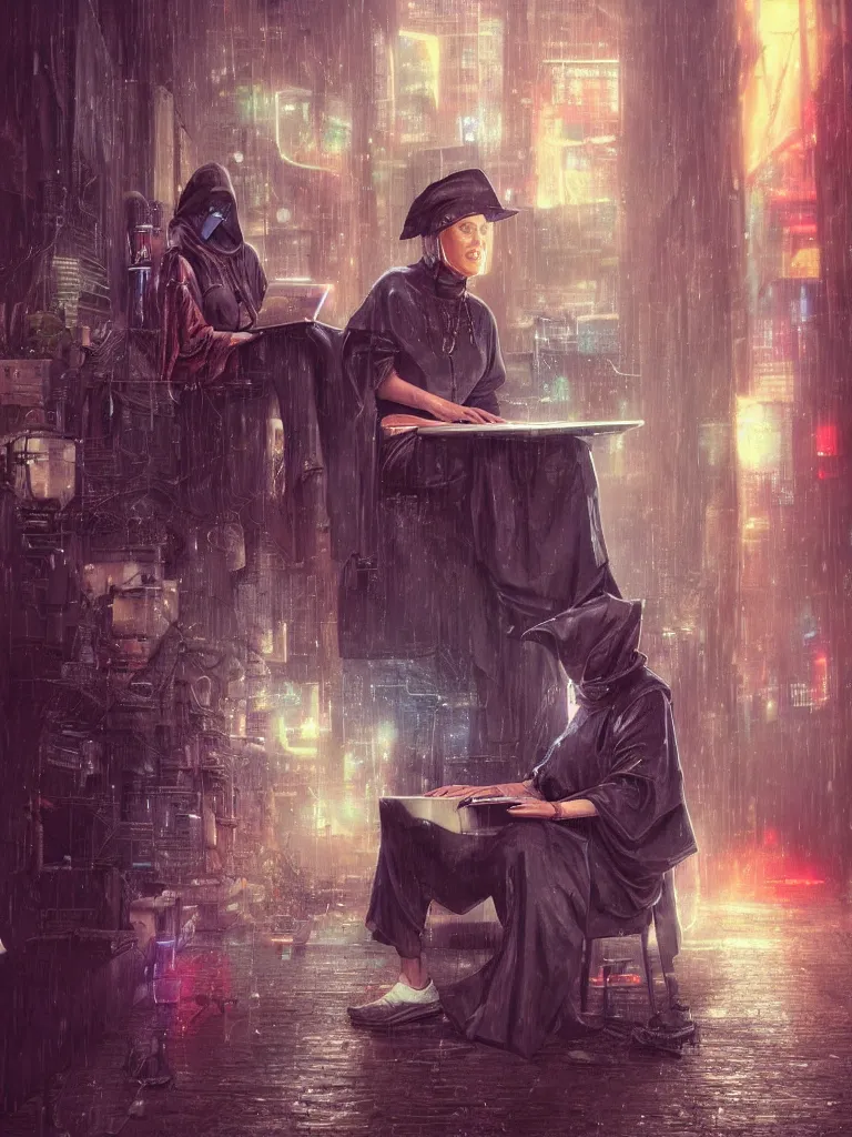 a three-quarters shot of a techno wizard grandma | Stable Diffusion